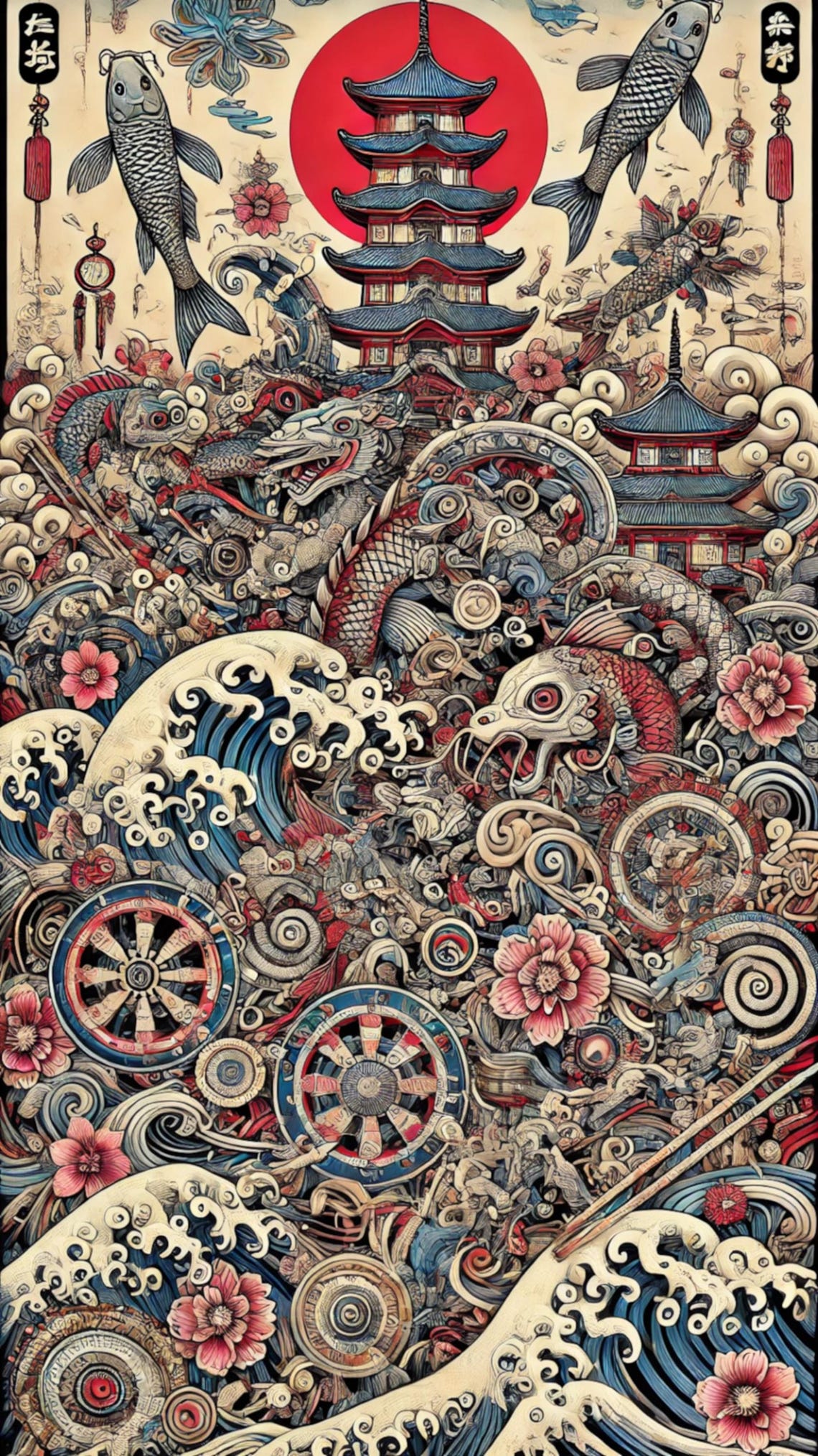 Japanese Doodle Art | Intricate Pagoda & Waves | High-resolution ...