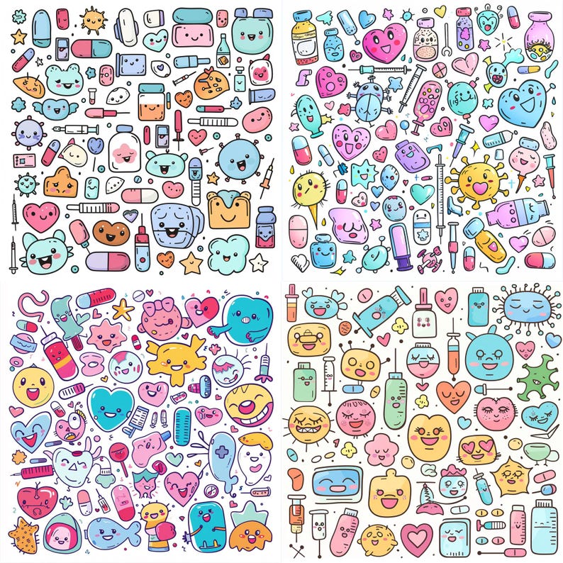 Kawaii Medical PNG Sticker Pack – 4 Cute Doodle Illustrations With ...
