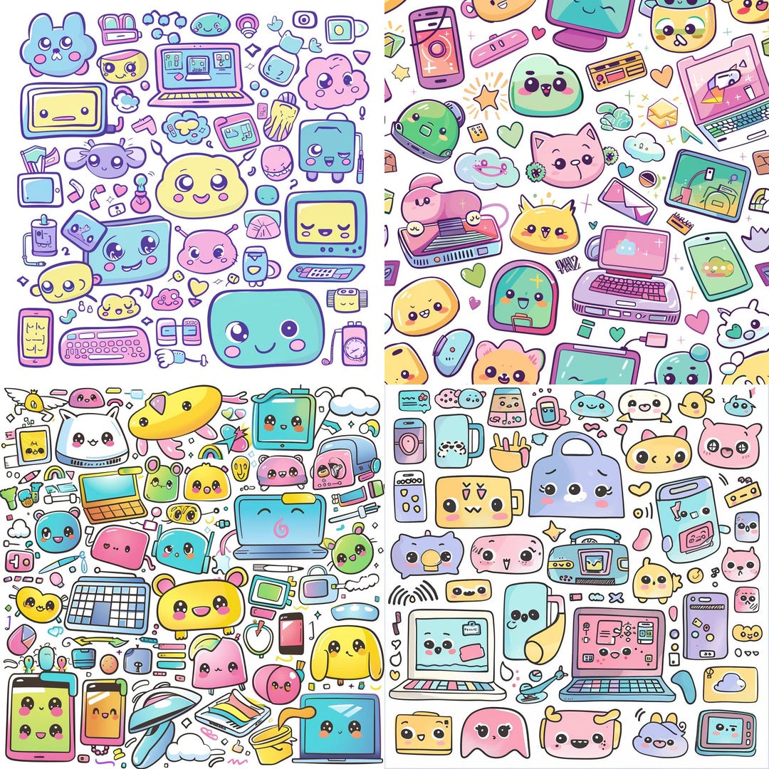 Cute Kawaii Tech Doodles PNG Bundle – 4 Digital Files, Transparent ...