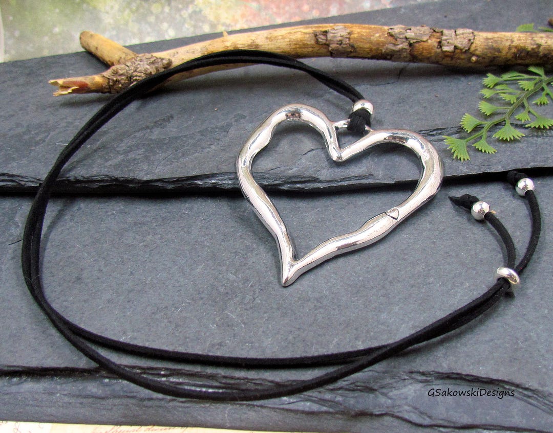 Large Heart Pendant Necklace Boho Large Open Heart Long Necklace Silver ...