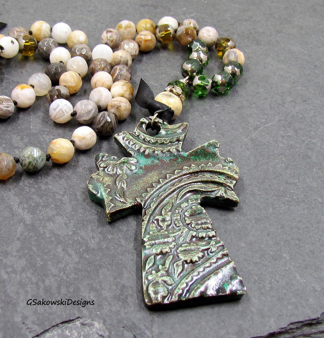 Ceramic Cross Pendant Necklace, Hand Knotted Semi Precious Stones Glass ...