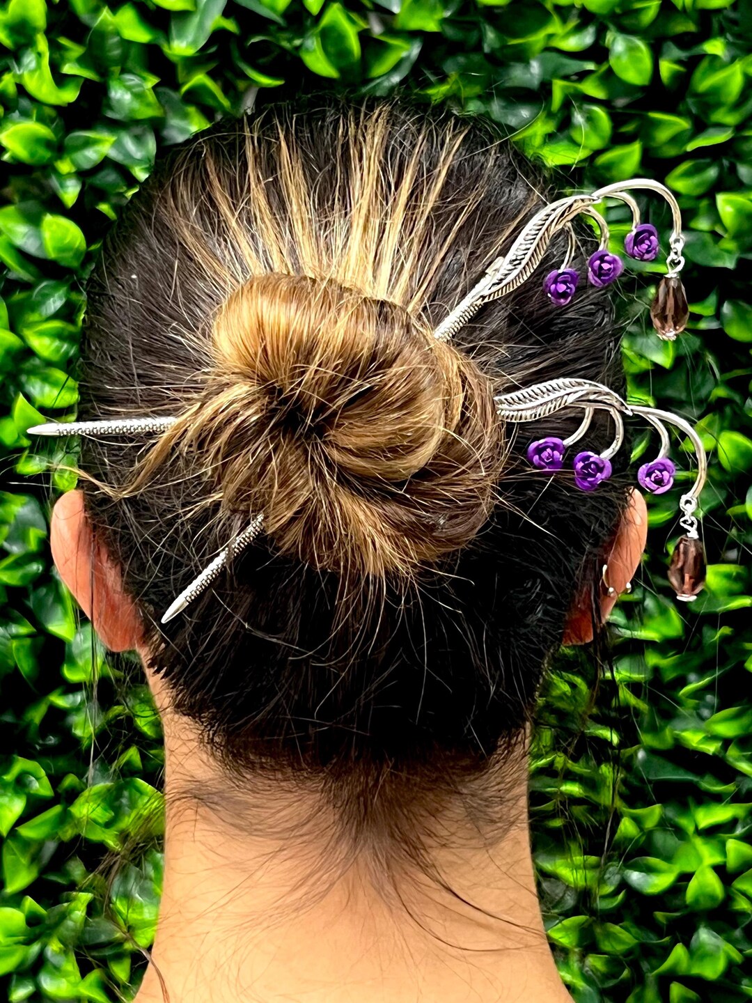 Leafy Flower Gem Hair Sticks – Silver or Gold Bun & Updo Pins Boho ...