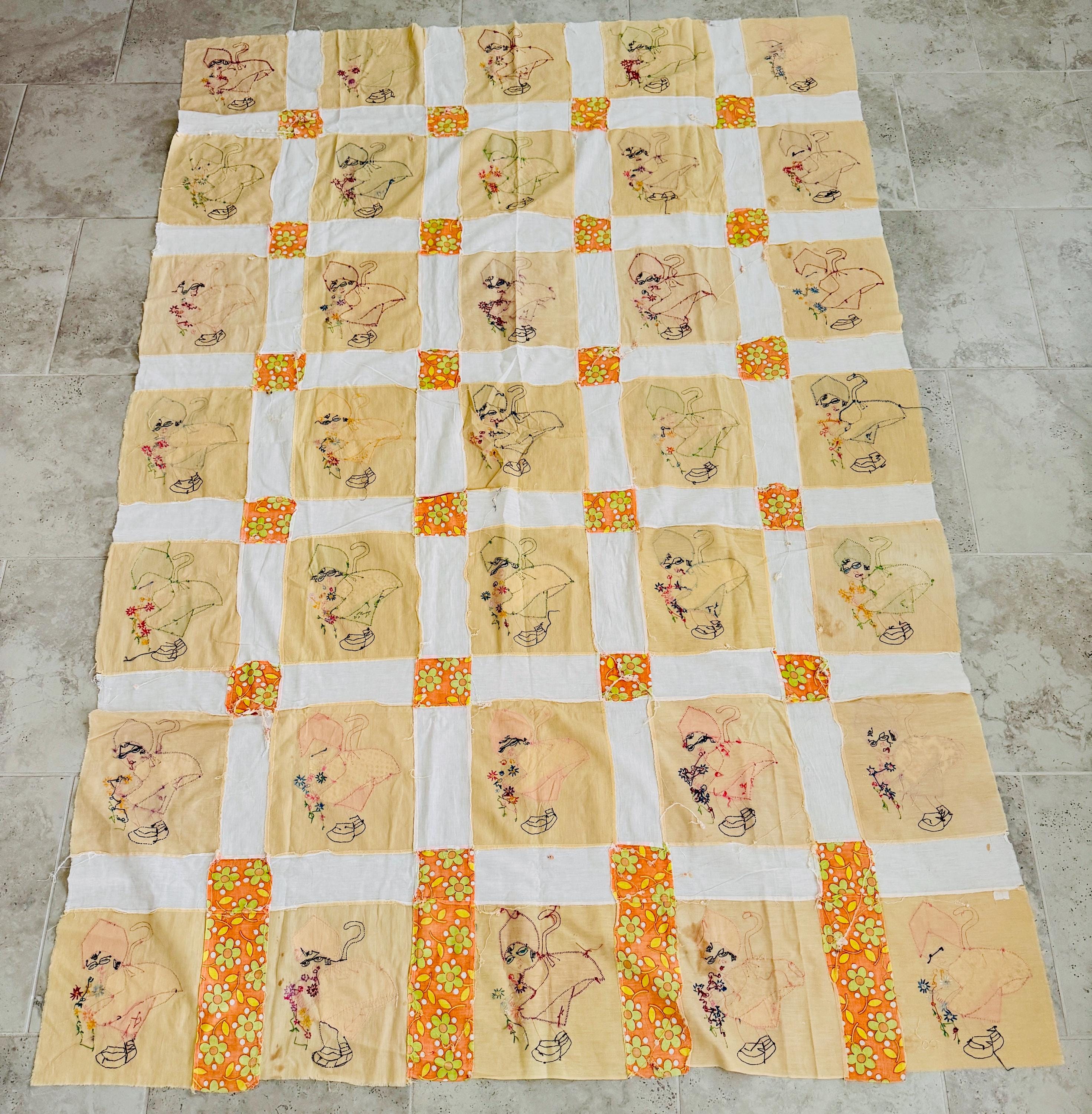 Rare Vintage Little Dutch Girl Pattern Quilt Top: Measures 98.5"l X 68. ...