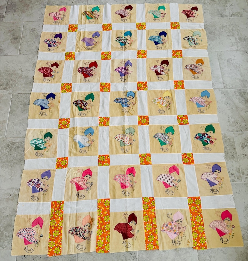 Rare Vintage Little Dutch Girl Pattern Quilt Top: Measures 98.5"l X 68. ...