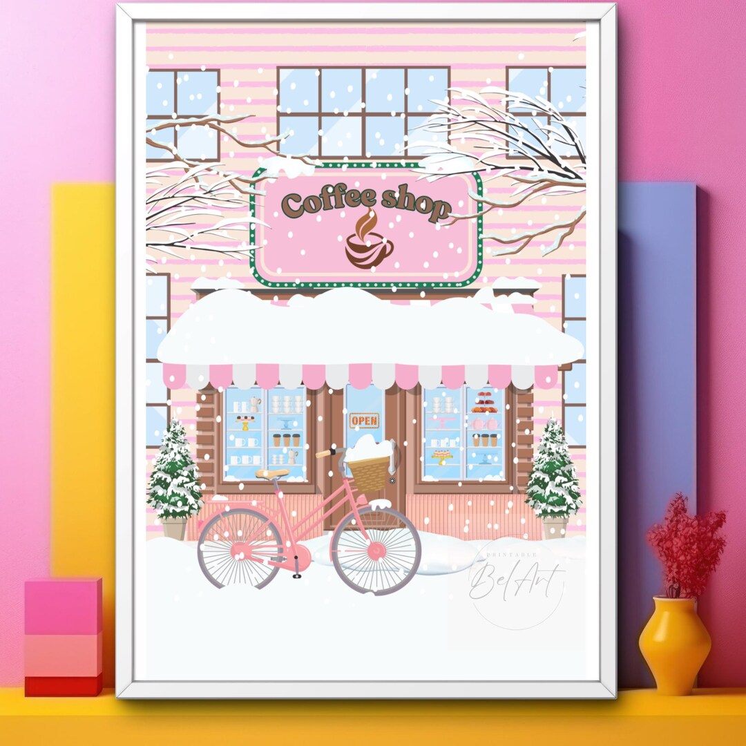 Winter Wall Art Print, Pink Coffee Shop Print, Vintage Winter Village ...