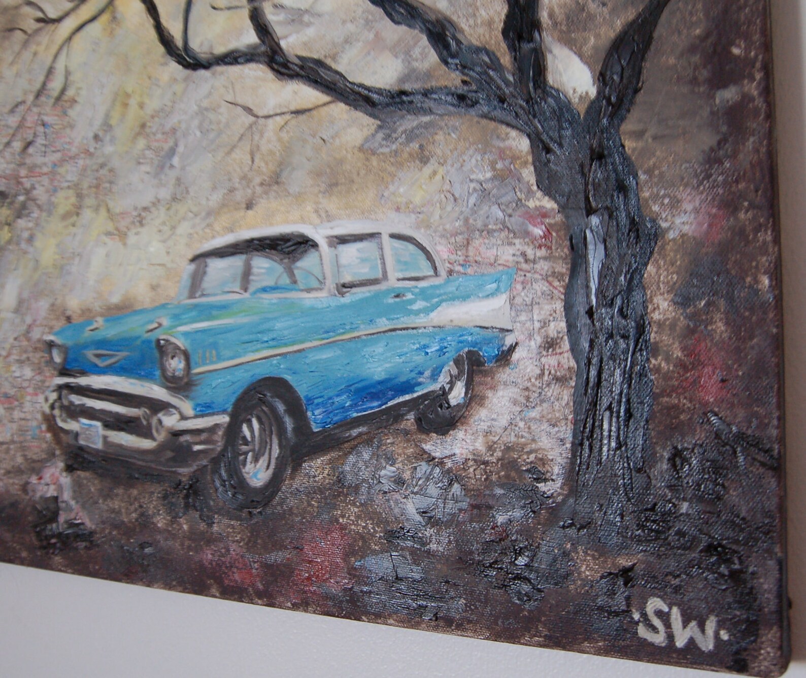 1957 Vintage Chevy, Artist Signed Print, Chevrolet, Bel Air, Light Blue ...