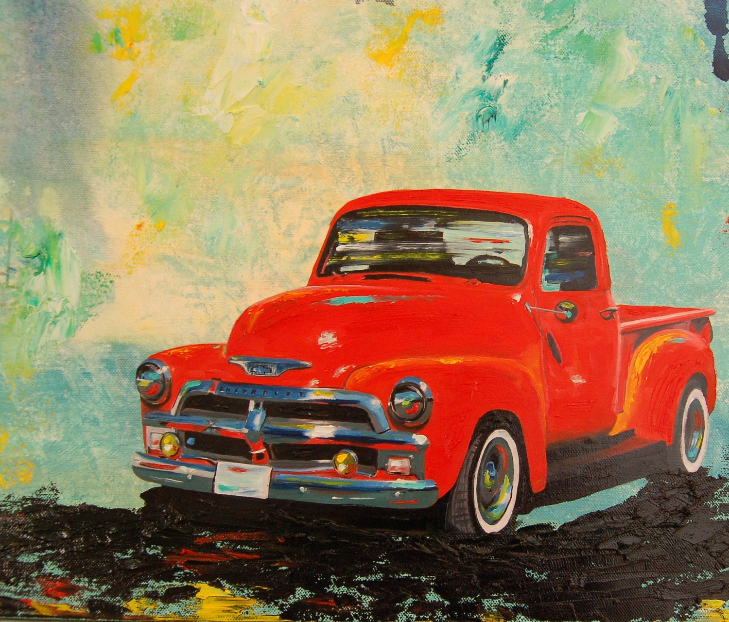 1954 Red Chevy Truck, Artist Signed Print, Man Cave, Pickup Truck 8x10 ...