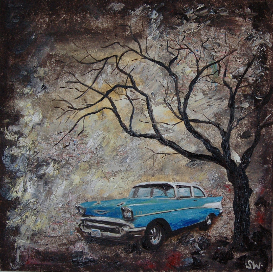 1957 Vintage Chevy, Artist Signed Print, Chevrolet, Bel Air, Light Blue ...