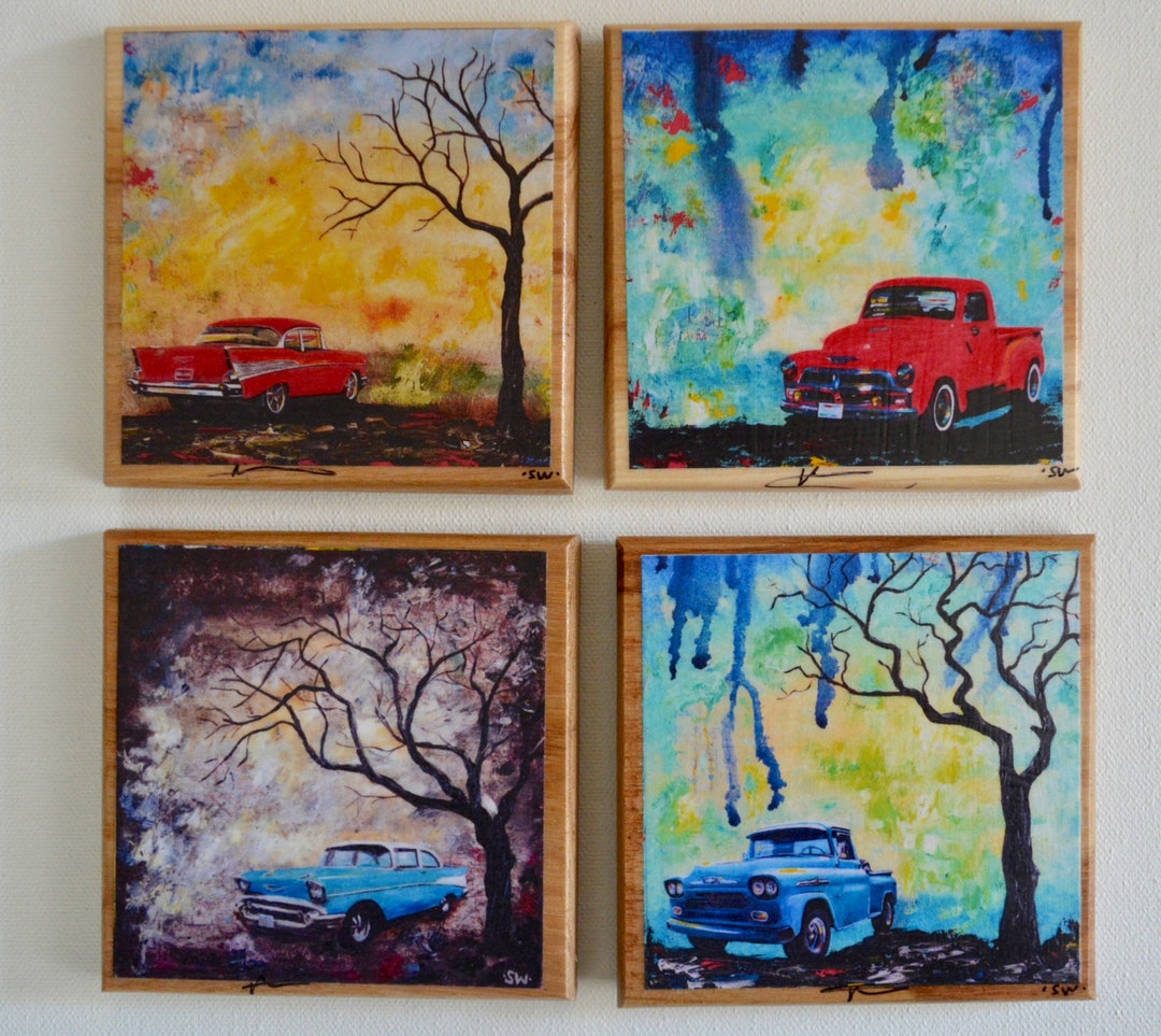 Chevrolet Car, Fine Art Coasters, Set of 4, Classic Chevy's, Drink ...