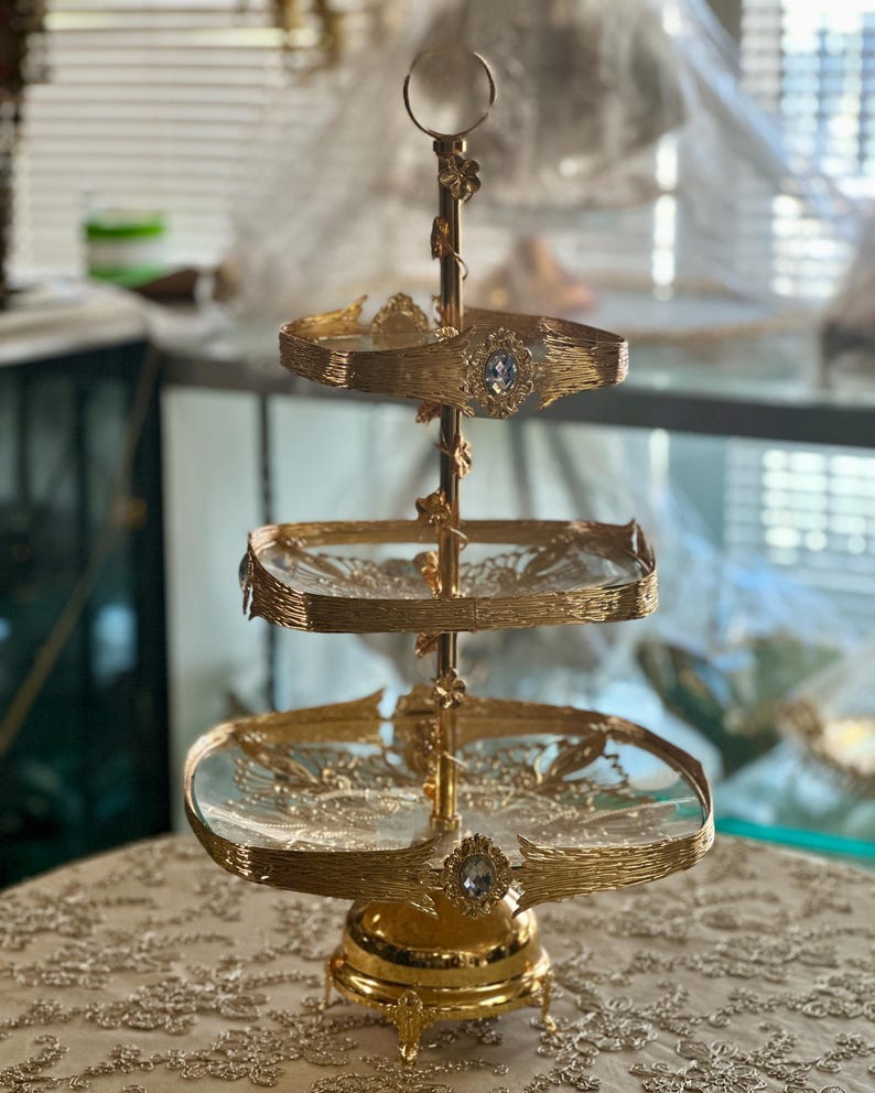 Elegant Three-tier Gold Display Stand With Crystal Accents - Etsy