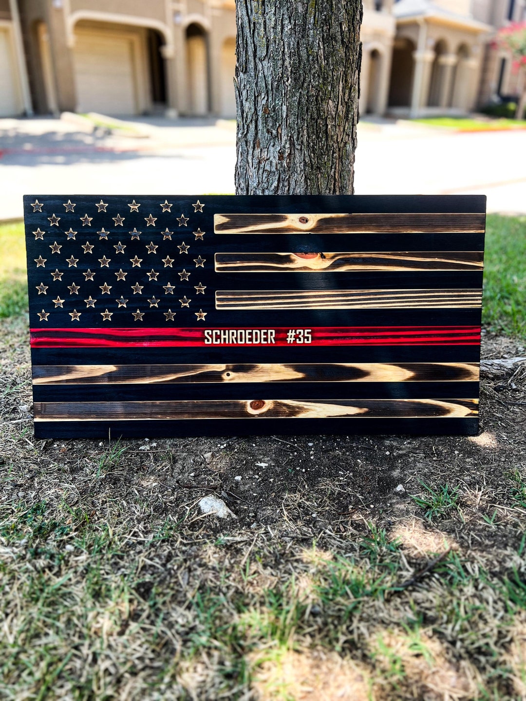 Custom Firefighter Flag, Firefighter Personalized Carved Wooden Logo American Flag With Thin Red ...