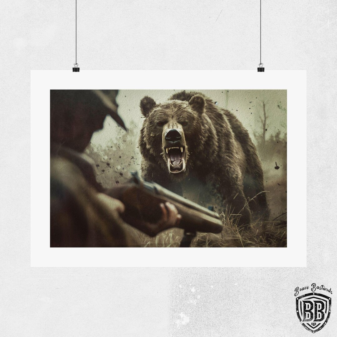 Bear Attack Poster Realistic Hunting Art Print With Oil Painting Effect ...