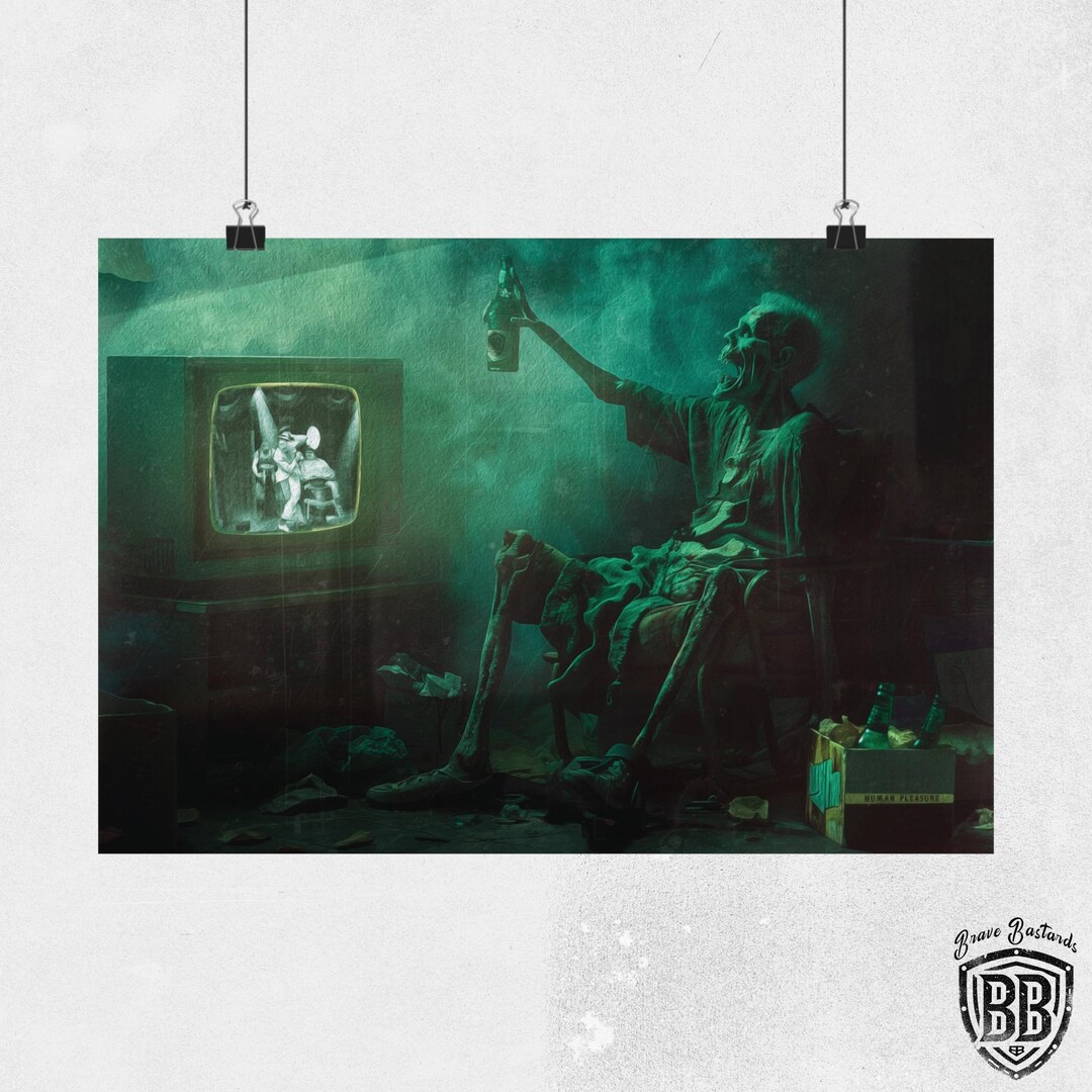 Zombie Watching TV Poster Oil Painting Effect Dark Room Art Print ...