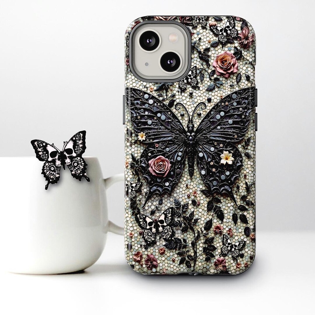 Gothic Skull Butterfly Phone Case, Macabre Snakeskin Mosaic, Dried ...