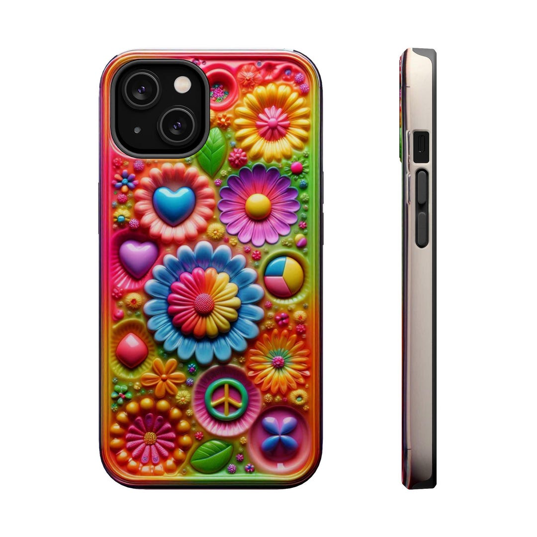 Retro Style 3D Textured Illusion Phone Case With Peace Signs, Hearts ...