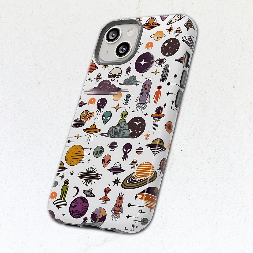 Retro Futuristic Celestial Phone Case, Whimsical UFO and Alien Design ...