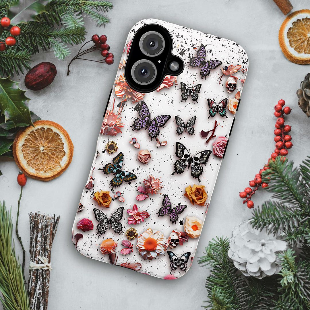 Moody Floral Goth Phone Case With Colorful Death Head Butterflies ...