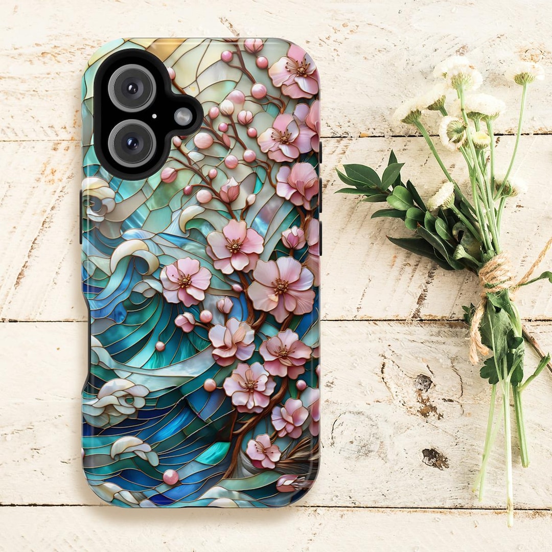 Cherry Blossom Phone Case, Japanese Inspired Faux Stained Glass Motif ...