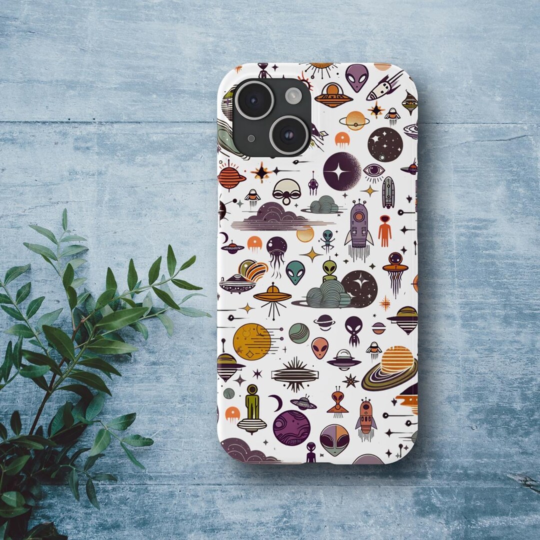 Retro Celestial Slim Case, Whimsical UFO and Alien Design, Cute ...