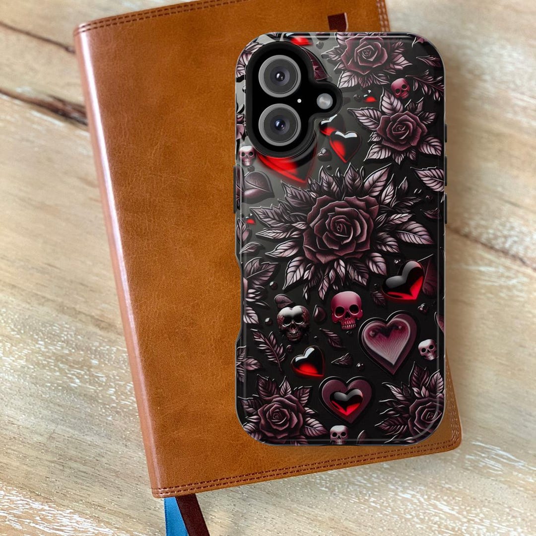 Dark Floral Phone Case With Black Hearts and Gothic Skulls, Dark ...