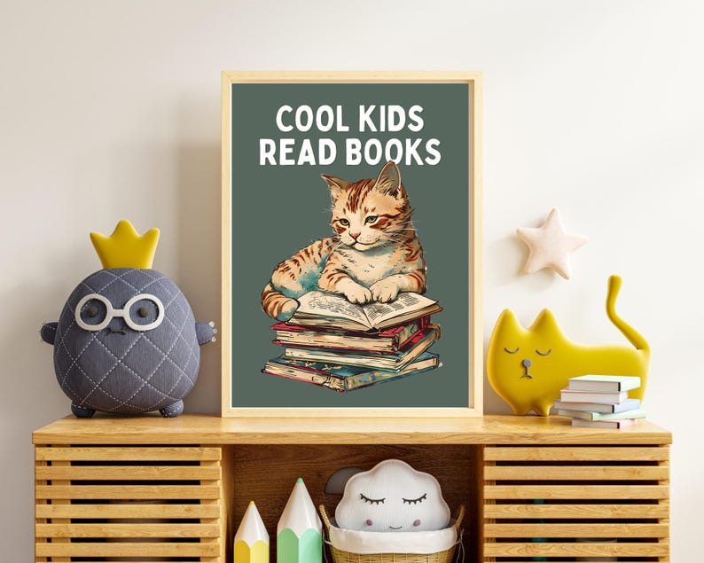 Cool Kids Read Books Poster | Printable Cat Art | Playroom Decor | Kids ...