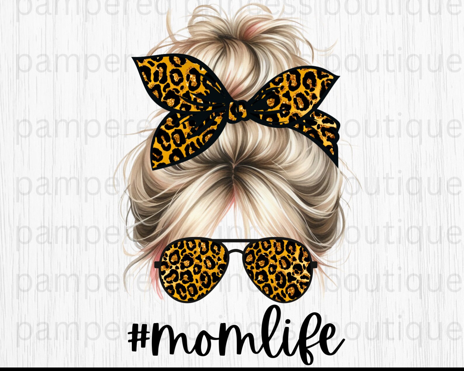 Leopard Mom Life Blonde Hair Messy Bun Momlife Messy Bun Mom PNG ...