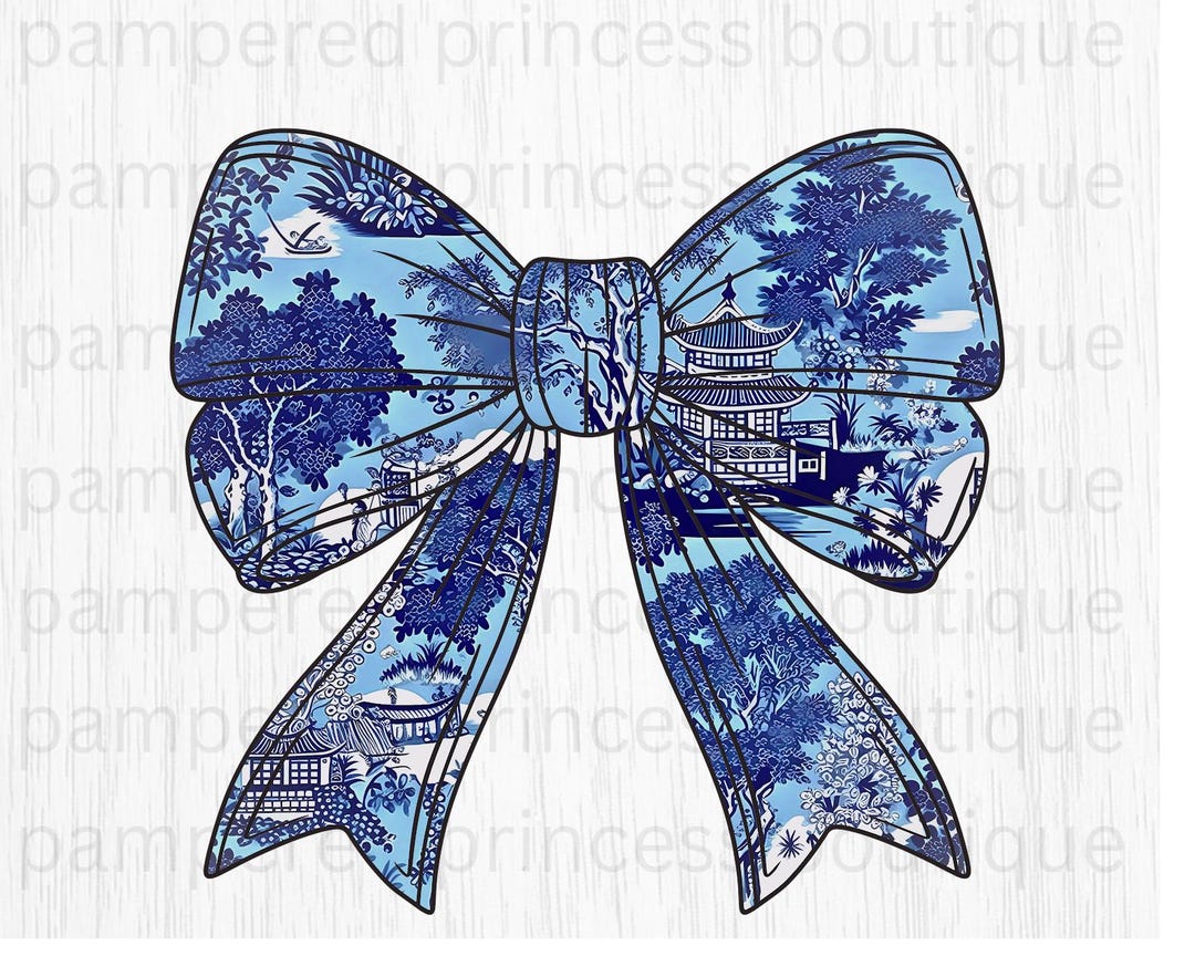 Chinoiserie Blue Willow Pagoda Pattern Coquette Bow Sublimation ...