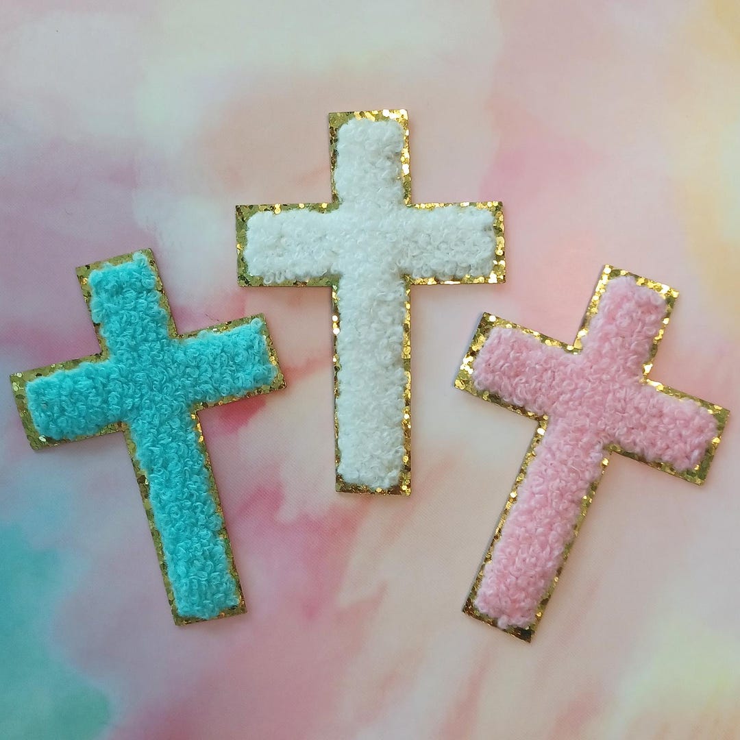 Cross Chenille Patch, Iron on Patch, Faith Patch, Gold Glitter Trim ...