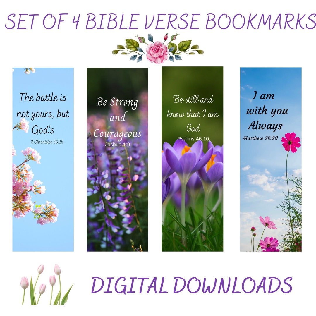 Set of 4 Custom Made Bible Verse Bookmarks, With Beautiful Flowers ...