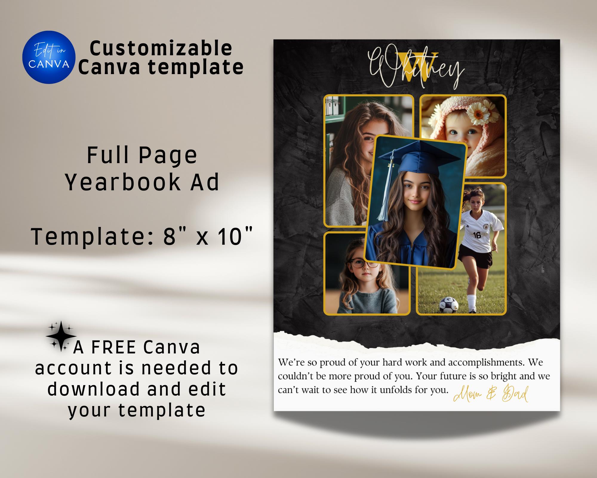 High School Yearbook Ad Canva Template. Customizable Sizes Include Full ...