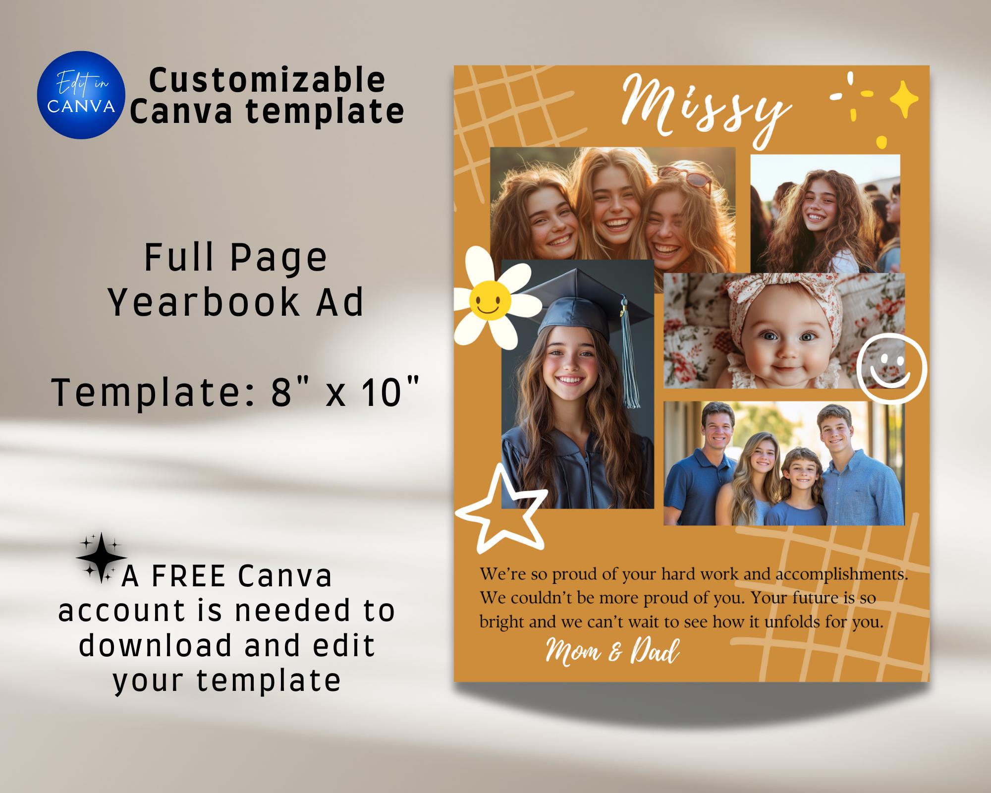 High School Yearbook Ad Canva Template. Customizable Sizes Include Full ...