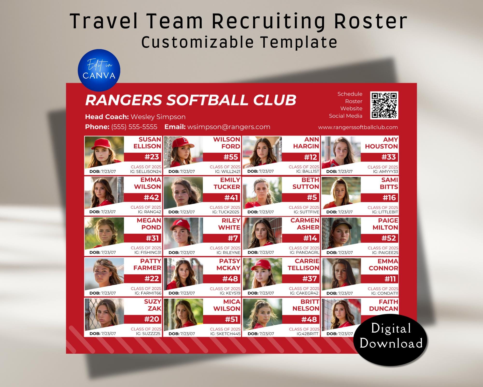 Travel Team Recruit Roster Canva Template. Customizable Club Team ...