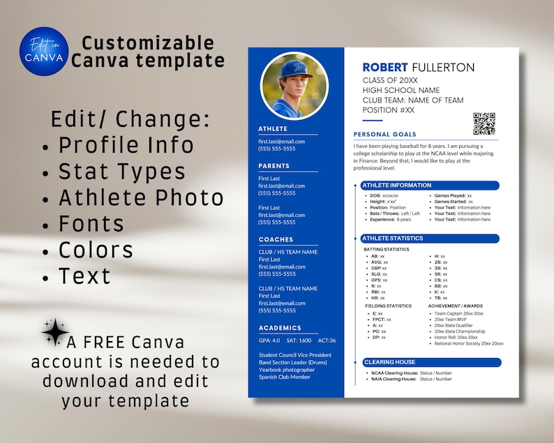 Athlete Profile Sheet Canva Template. Customizable College Recruiting ...