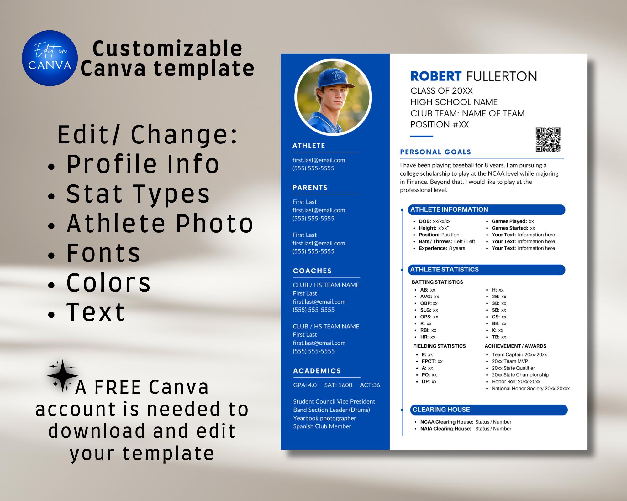 Athlete Profile Sheet Canva Template. Customizable College Recruiting ...