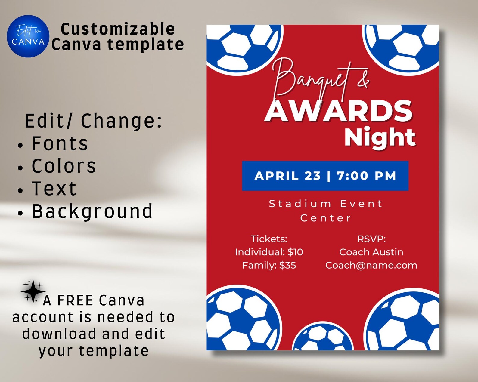 Soccer Banquet & Awards Invitation Canva Template. Customizable End of ...