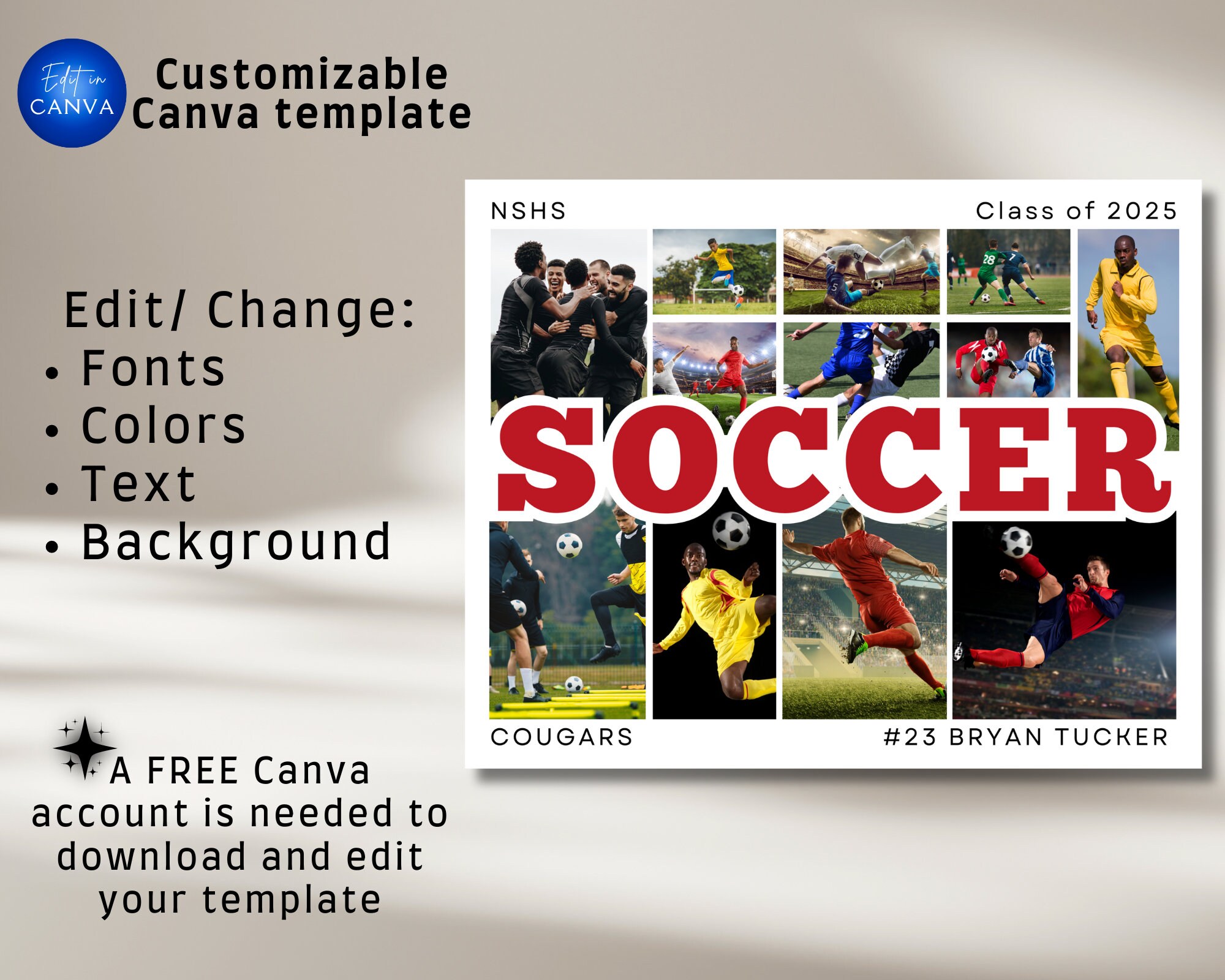 Customizable Soccer Photo Collage Canva Template. Gift for Soccer ...