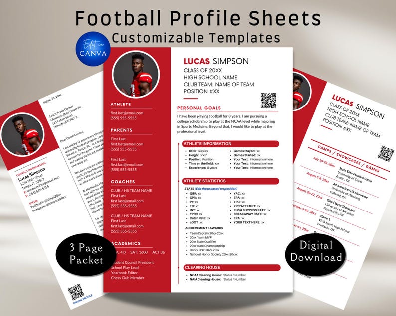 Athlete Profile Sheet Canva Template. Customizable College Recruiting ...