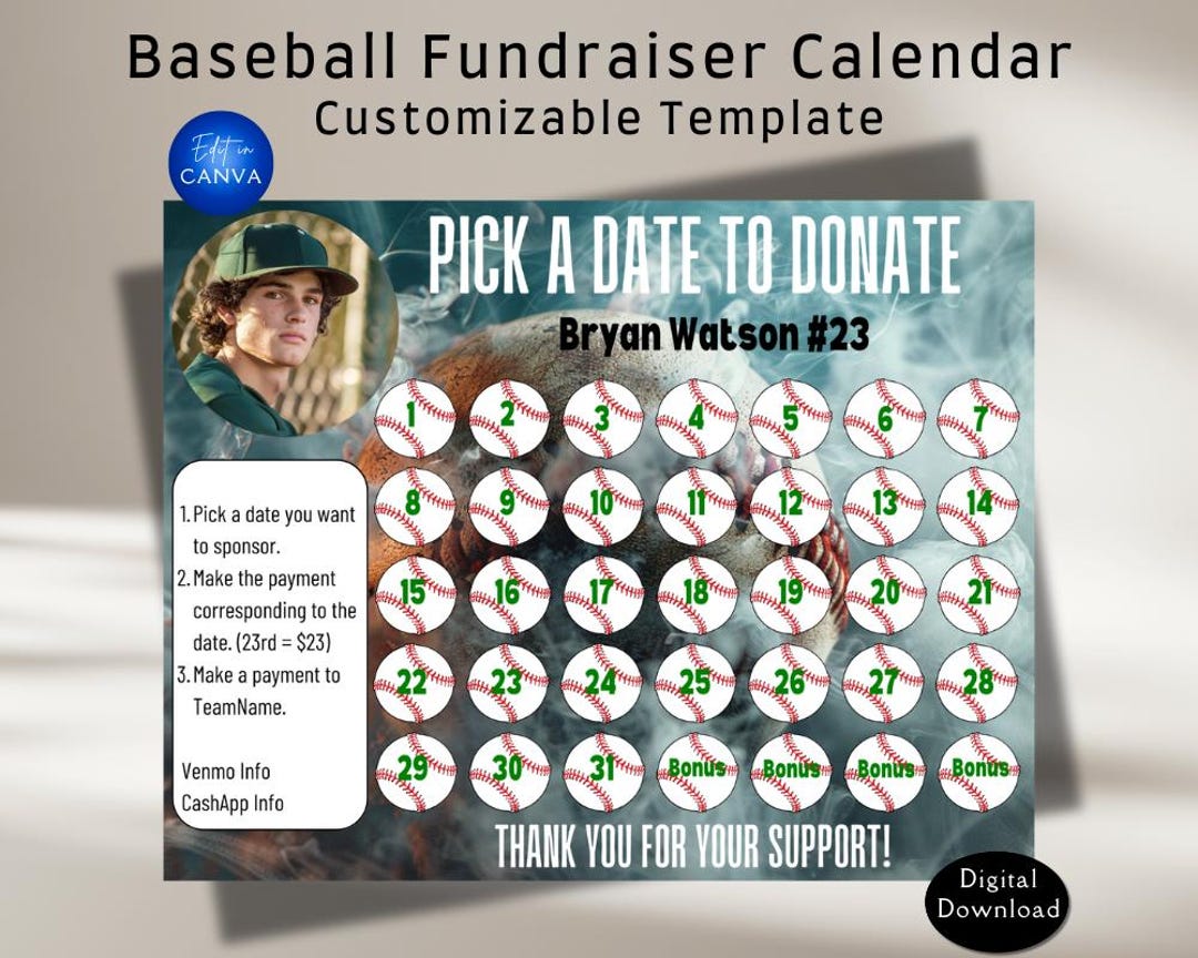 Baseball Fundraiser Calendar Canva Template. Customizable Baseball Team ...