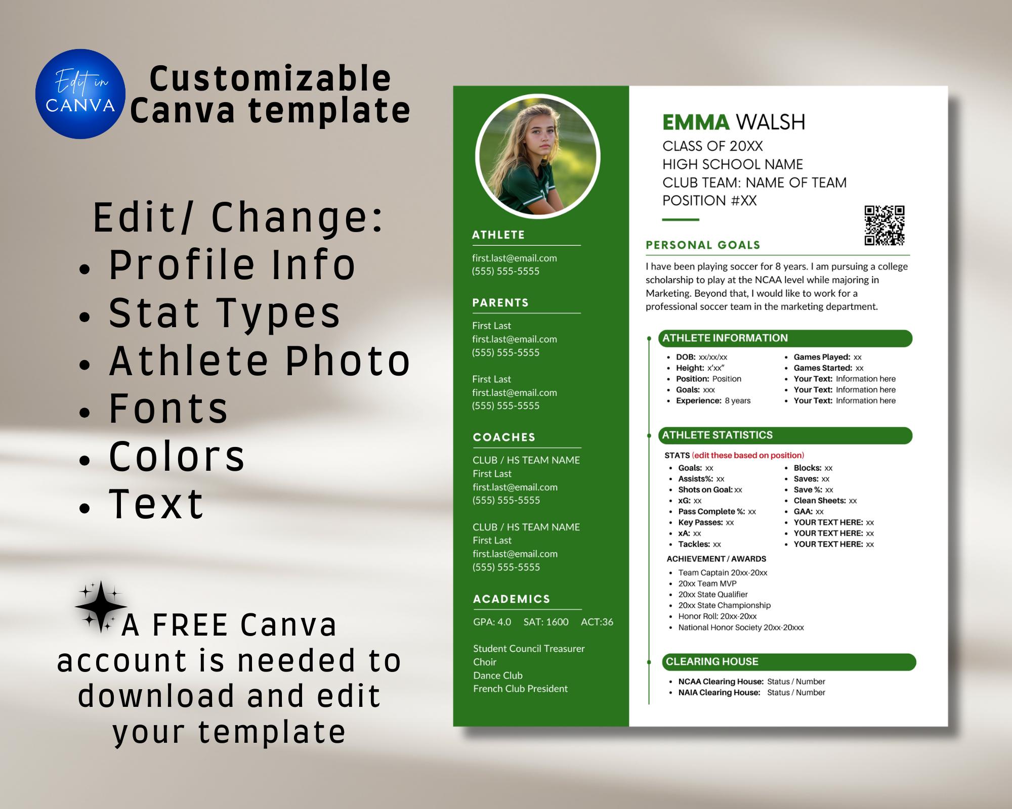 Athlete Profile Sheet Canva Template. Customizable College Recruiting ...