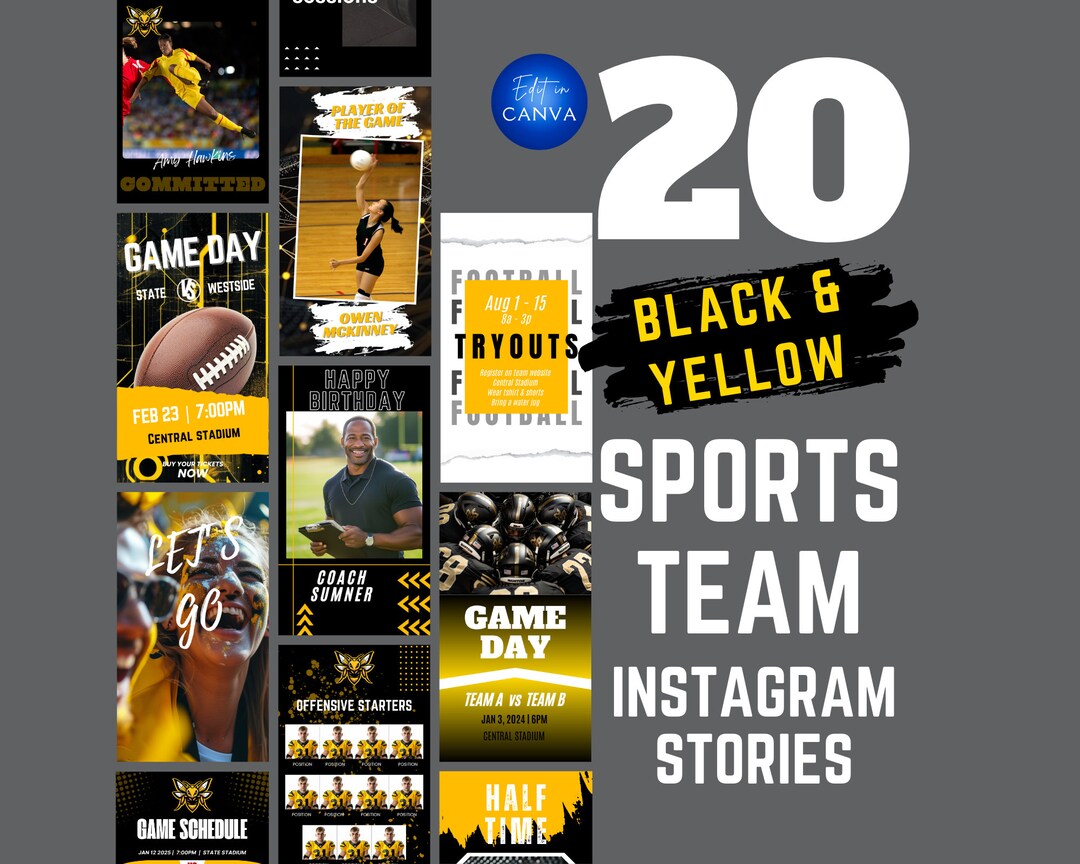 Sports Instagram Story Canva Template. Black and Yellow Non Photoshop ...