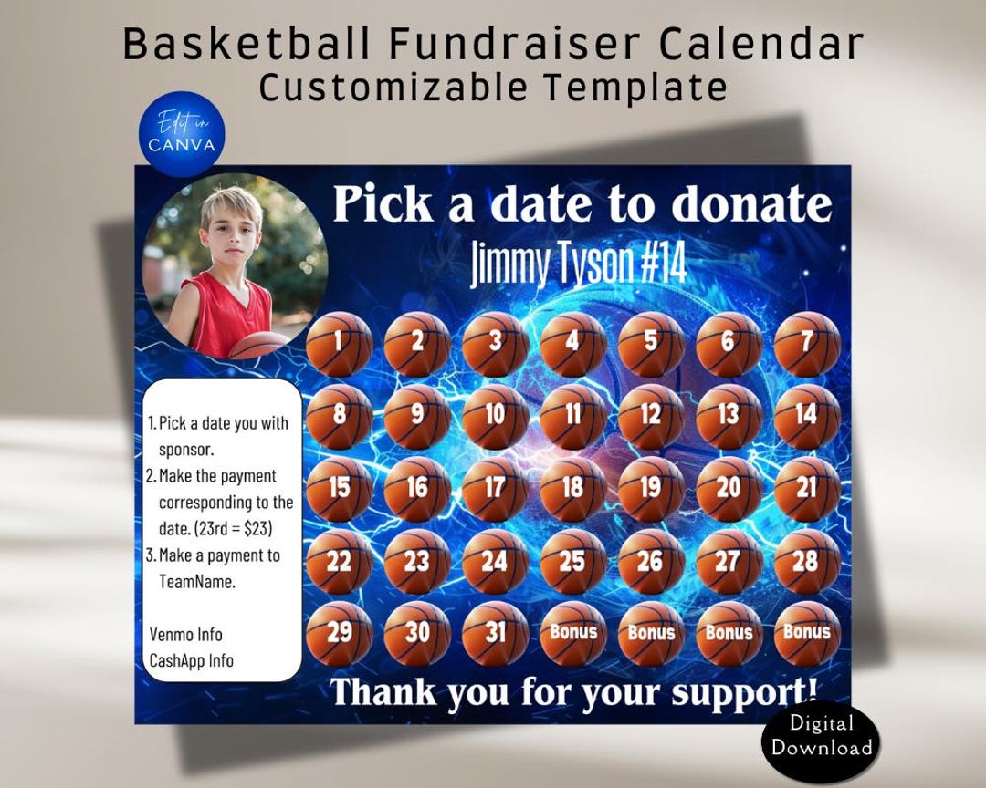 Basketball Fundraiser Calendar Canva Template. Customizable Basketball ...