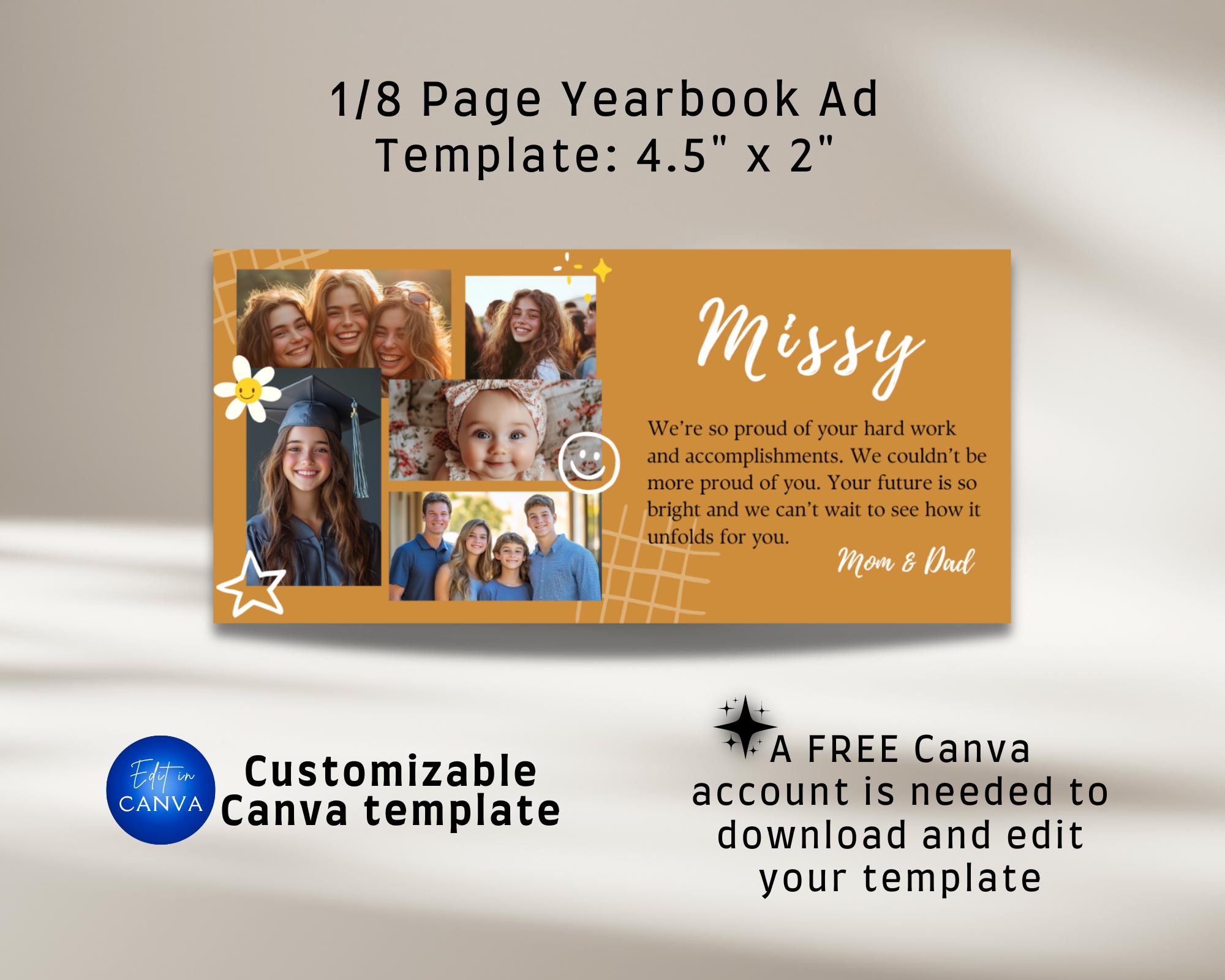 High School Yearbook Ad Canva Template. Customizable Sizes Include Full ...