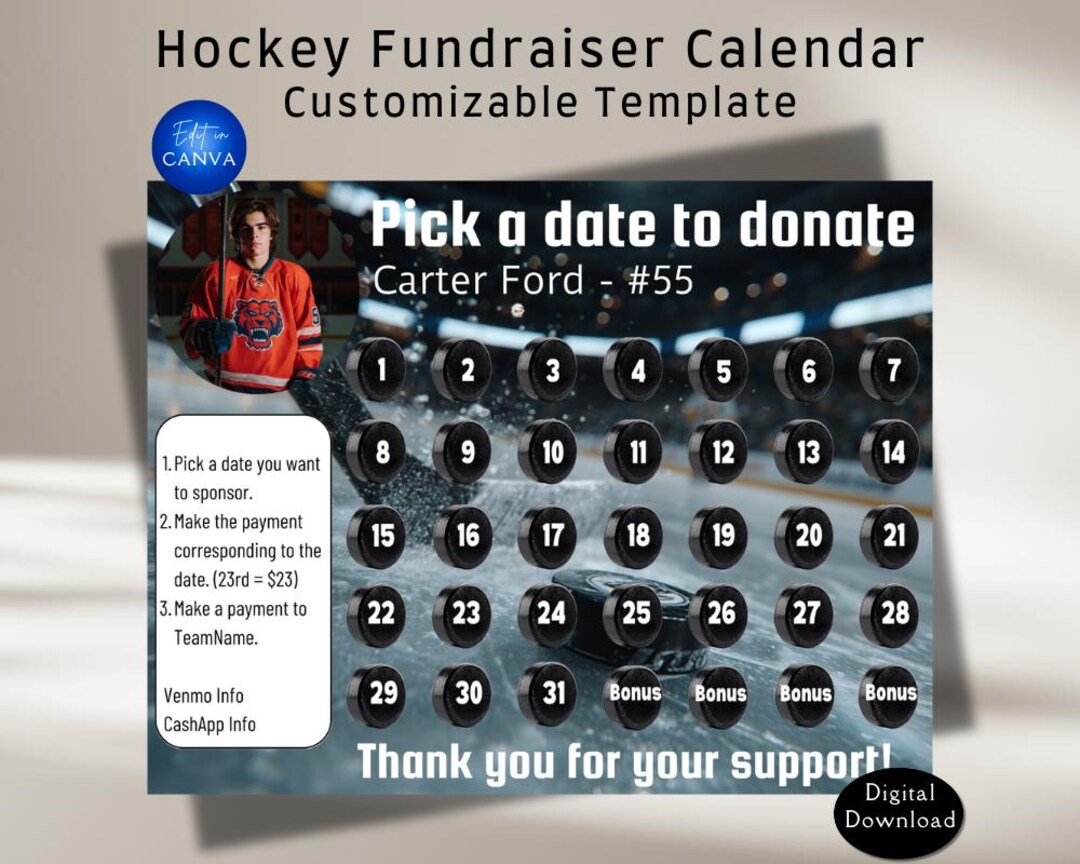 Hockey Fundraiser Calendar Canva Template. Customizable Hockey ...