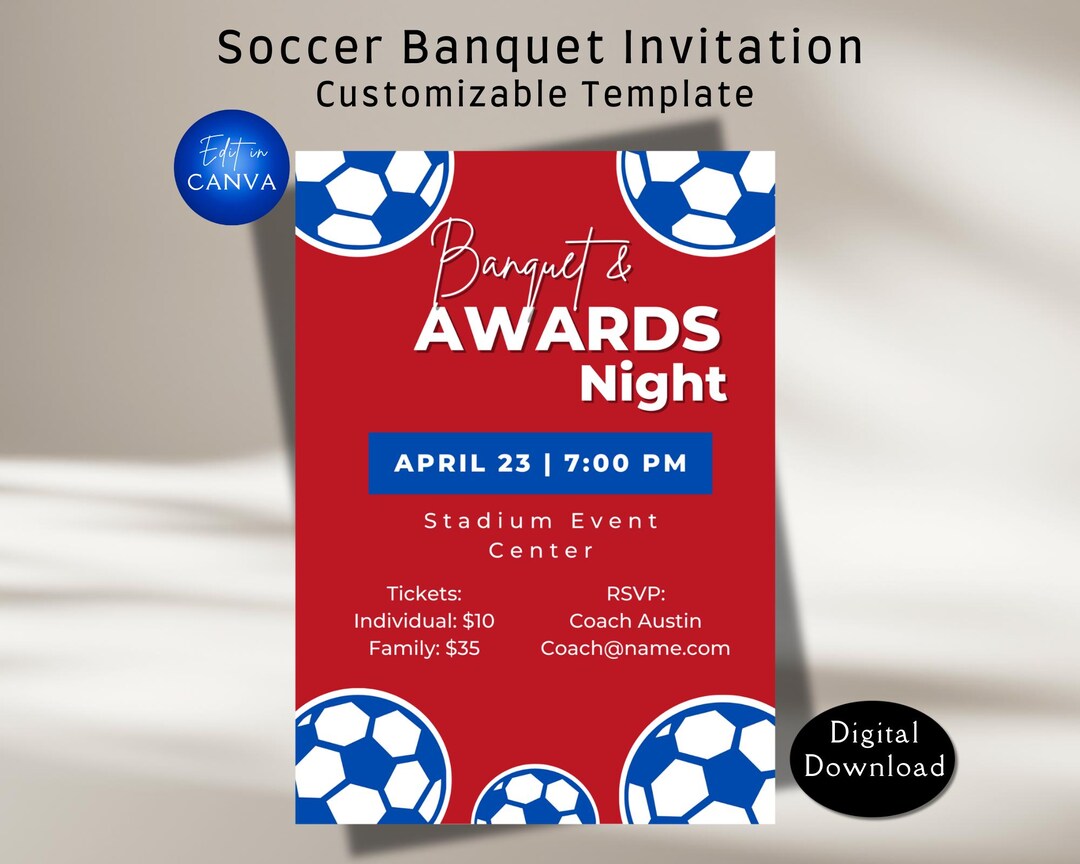Soccer Banquet & Awards Invitation Canva Template. Customizable End of ...