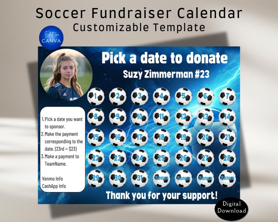 Soccer Fundraiser Calendar Canva Template. Customizable Soccer ...