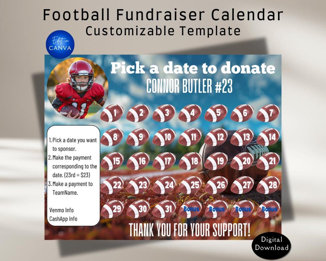 Football Fundraiser Calendar Canva Template. Customizable Football Team ...