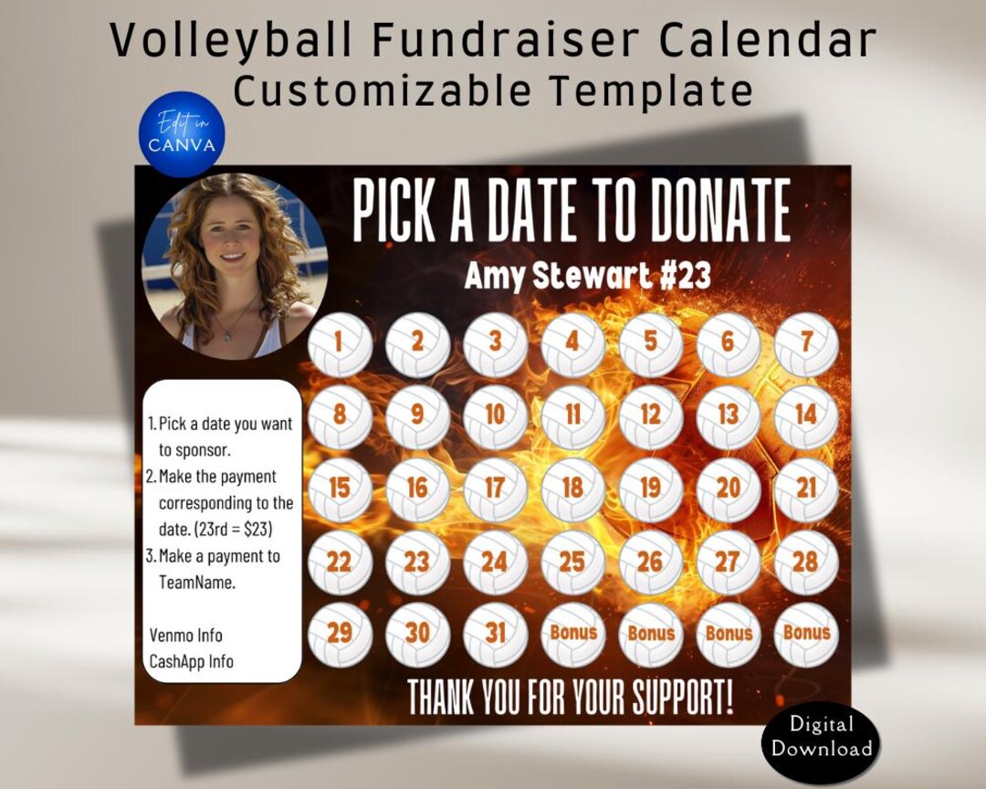 Volleyball Fundraiser Calendar Canva Template. Customizable Volleyball ...