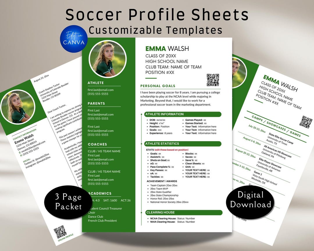 Athlete Profile Sheet Canva Template. Customizable College Recruiting Athlete Resume. Athlete ...