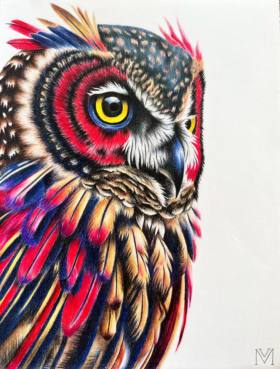 Original Handmade Vibrant Red Owl Drawing - Colored Pencil Art on Paper ...