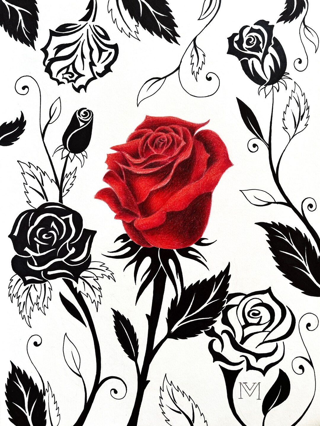 Original Handmade Vibrant Abstract Rose - Colored Pencils & Black ...